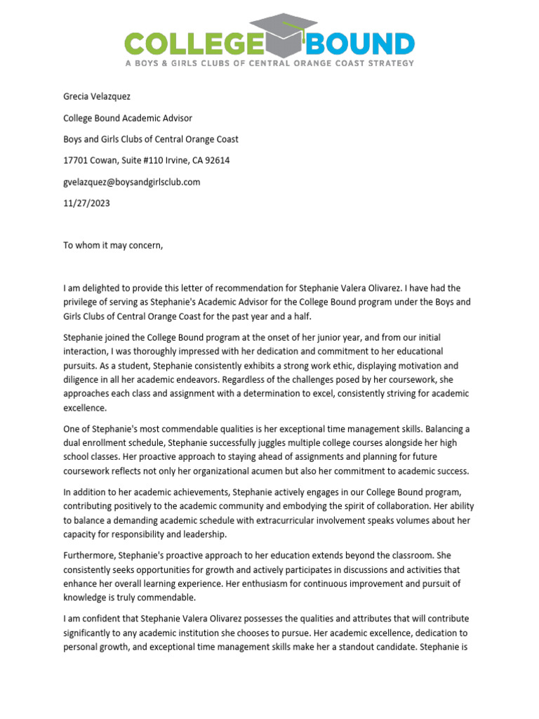 Recommendation for Stephanie Valera Olivarez | PDF | Social Psychology ...