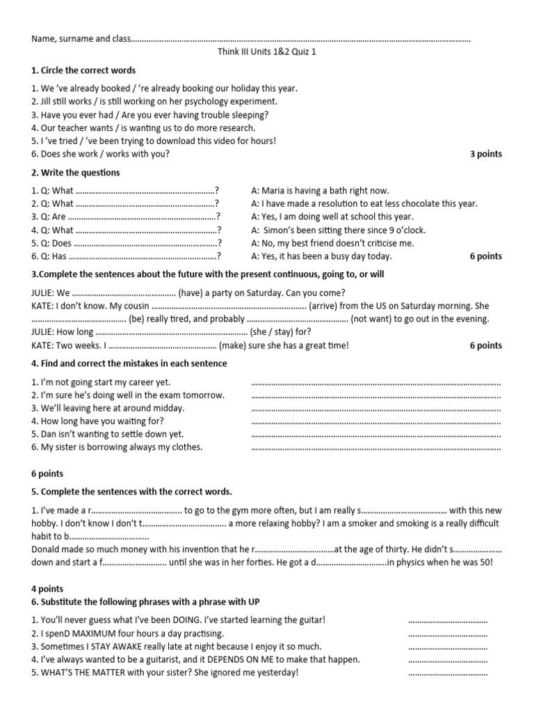 Think III Unit 1 Quiz Exercises | PDF | Grammar | Linguistics