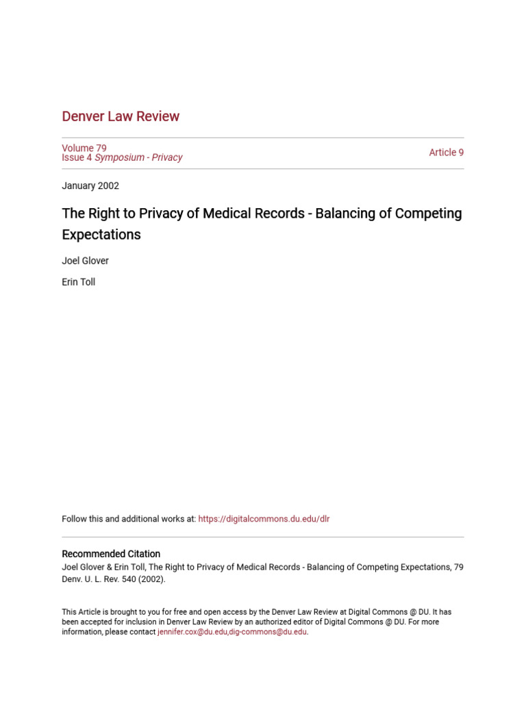 The Right To Privacy of Medical Records - Balancing of Competing | PDF ...