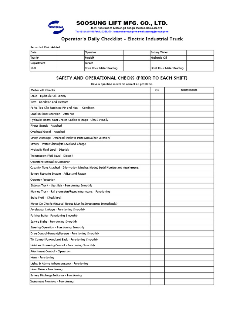 Operator's Daily Checklist - Elec. | PDF | Truck | Manual Transmission