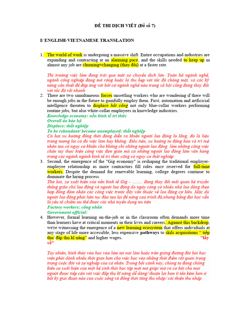 Đê Luyện Biên Dịch No 7 the World of Work BD2 | PDF