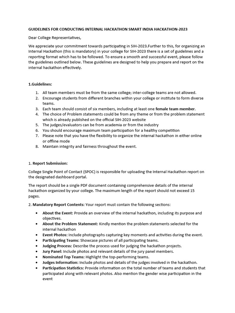 Report Format & Guidelines For SIH-23 Internal Hacakthon | Download ...