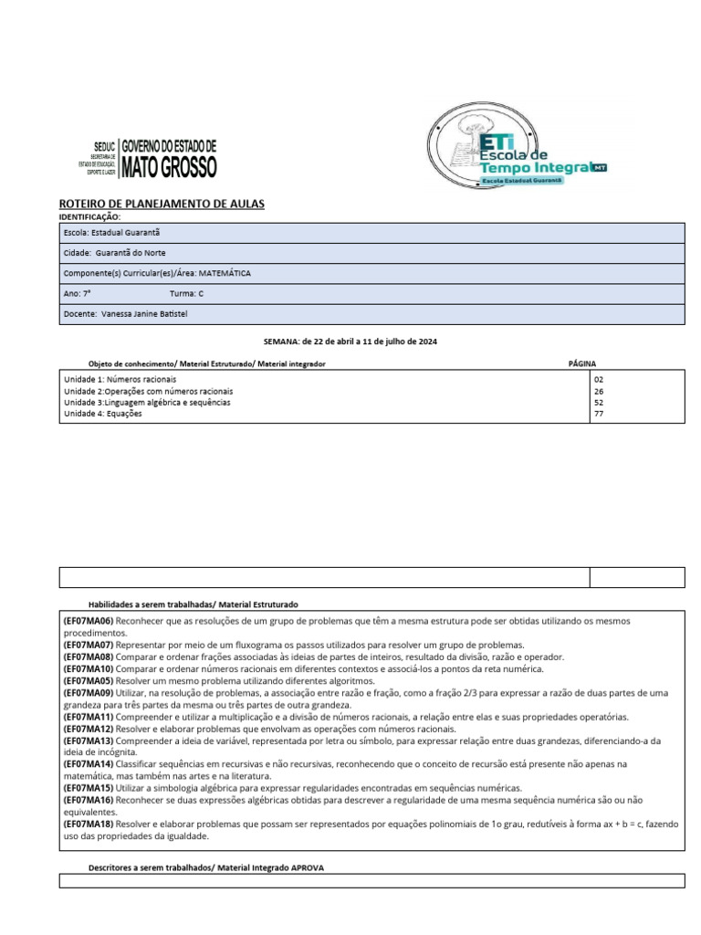 Roteiro 2 Bimestre Matemática 7 C | PDF | Número racional | Equações