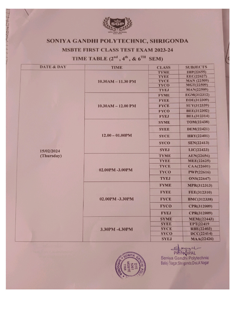Timetable Class Test 1 Sem 2 | PDF