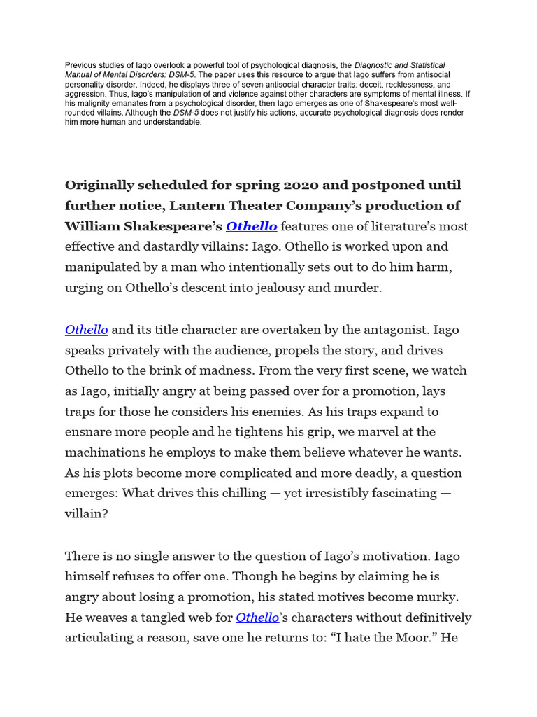 Psychology in Iago - Othello | PDF | Iago | Othello