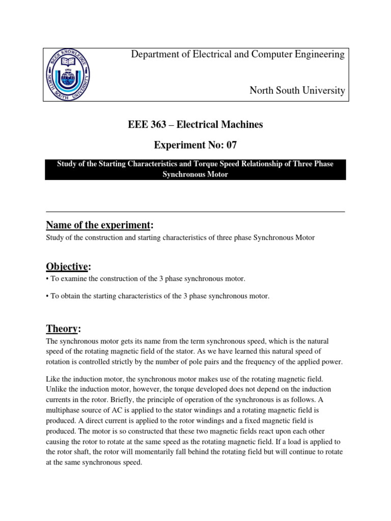 EEE363 (Exp 7) Study of the Starting Characteristics and Torque Speed ...