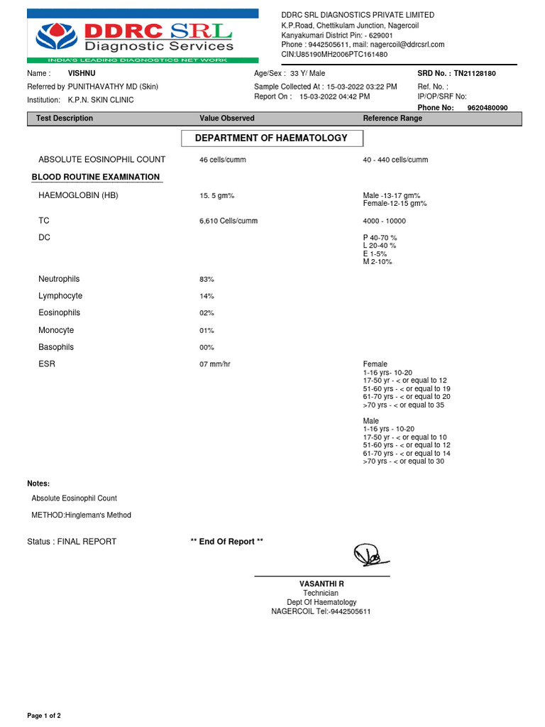 Department of Haematology: Absolute Eosinophil Count | PDF | Clinical ...