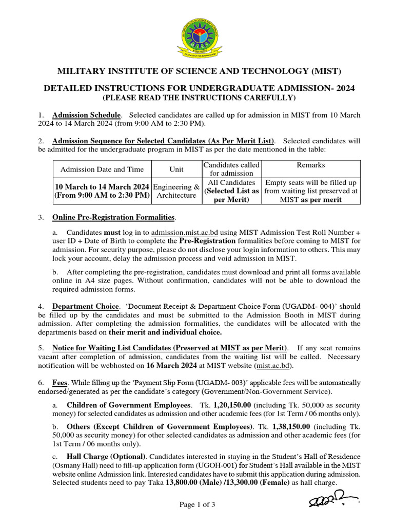 MIST Undergraduate Admission 2024 Guide | PDF | Fee | Banks