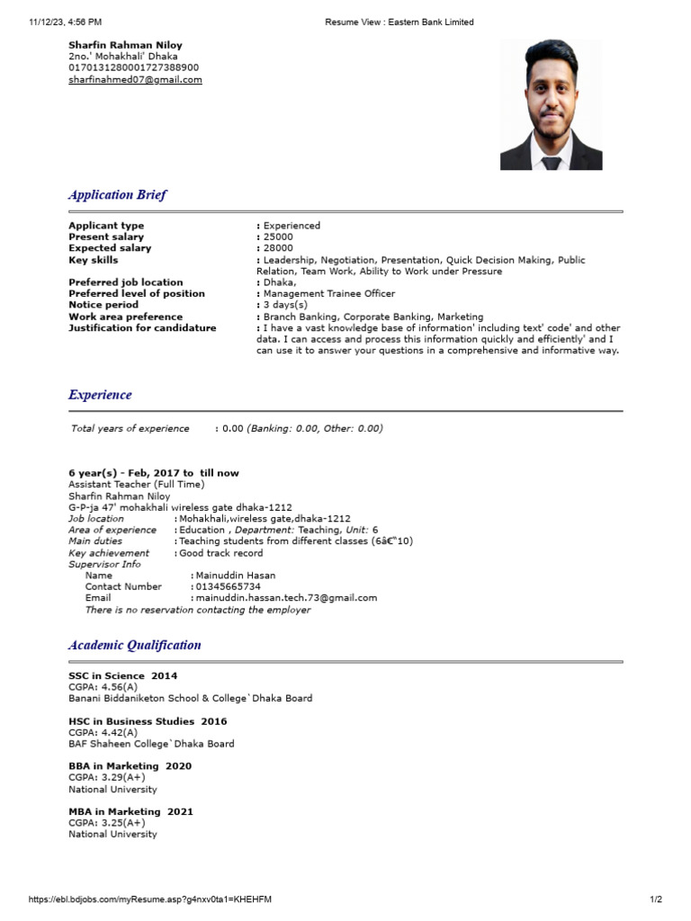 EBL Resume Sharfin Rahman Niloy | PDF | Computing