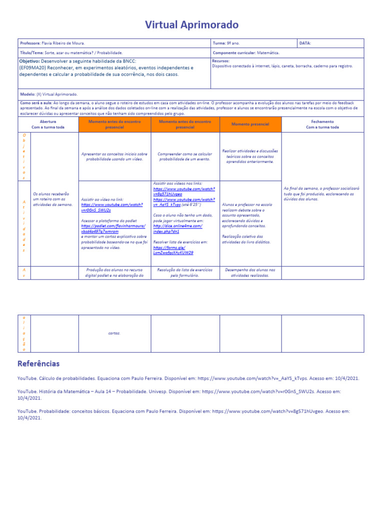 Plano de Aula - MAT - VirtualAprimorado - Revisado | PDF | Matemática | YouTube