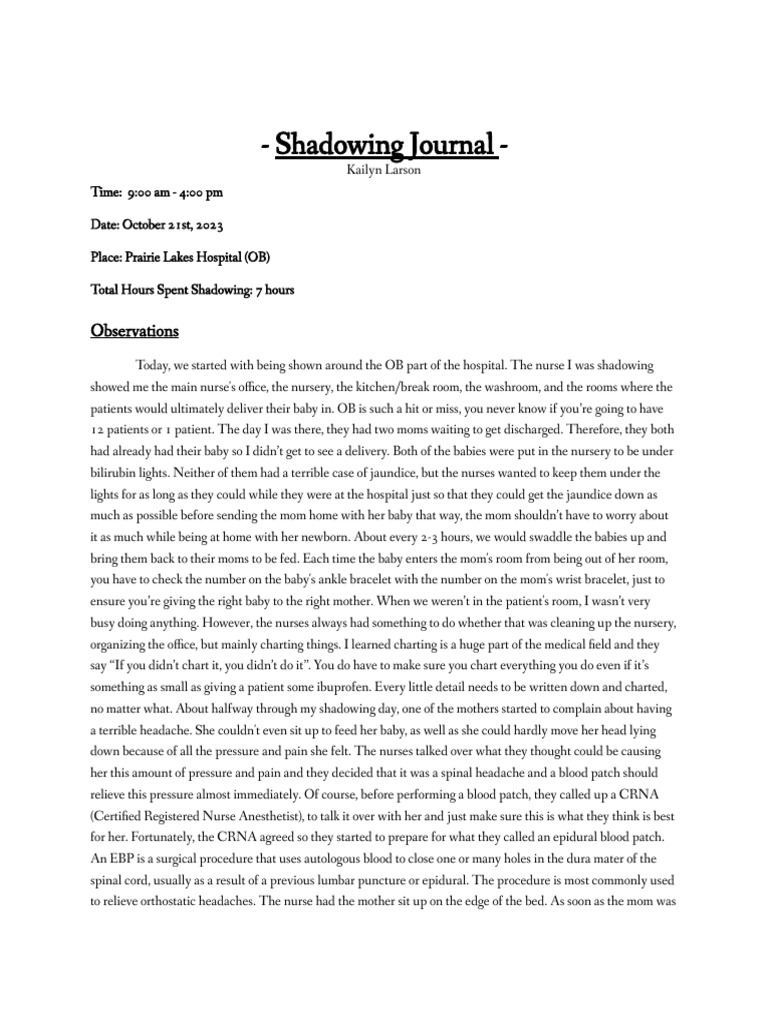 day 1 - shadowing journal | PDF | Medicine | Medical Specialties