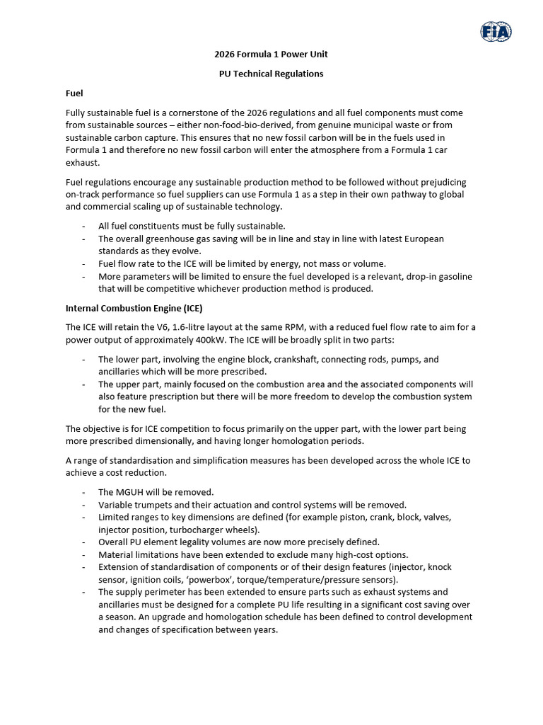 2026 F1 Power Unit Technical Regulations | PDF | Fuels | Engines