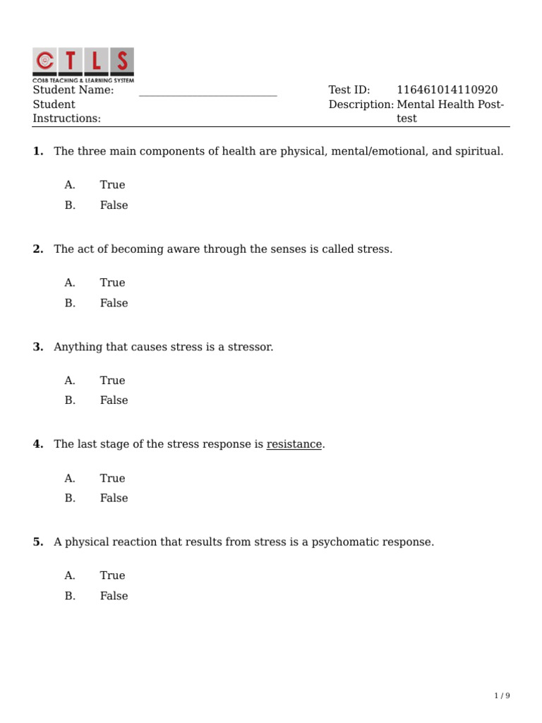 Mental Health Post-Test 1 | PDF | Stress (Biology) | Mental Disorder