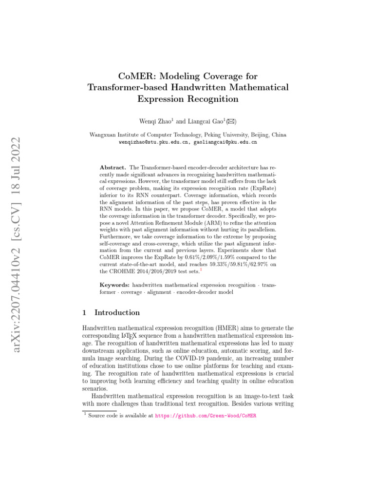 Comer: Modeling Coverage For Transformer-Based Handwritten Mathematical Expression Recognition ...