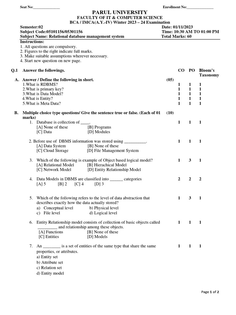 6014 Question Paper | PDF | Databases | Relational Database