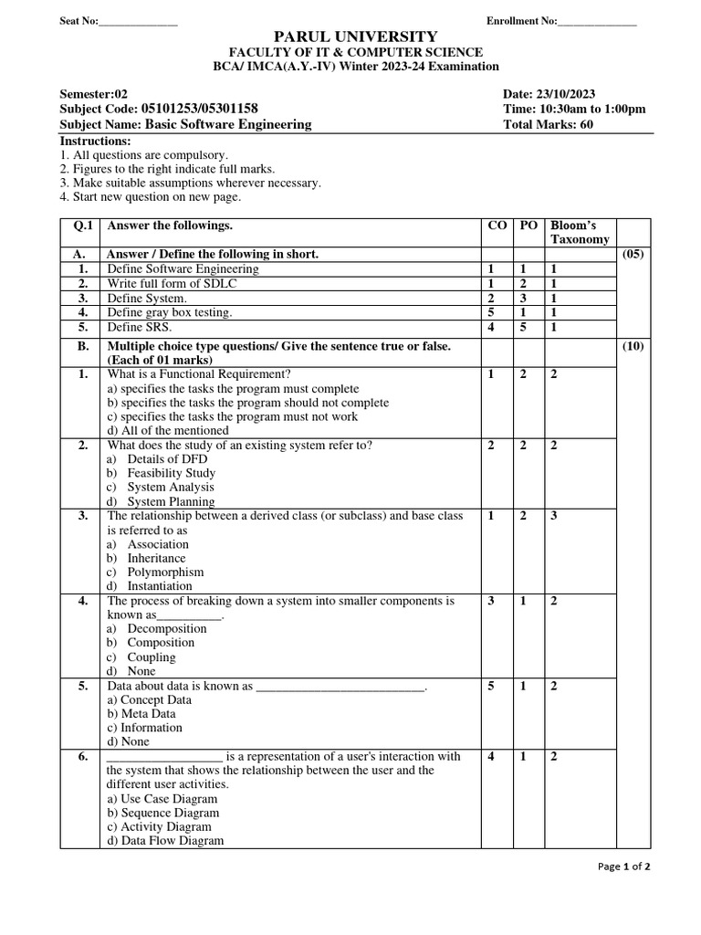 BCA Software Engineering Exam Paper 2023 | PDF | Computer Science | Computing
