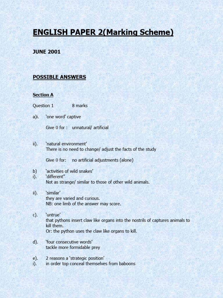 ZIMSEC June 2001 English Marking Scheme | PDF