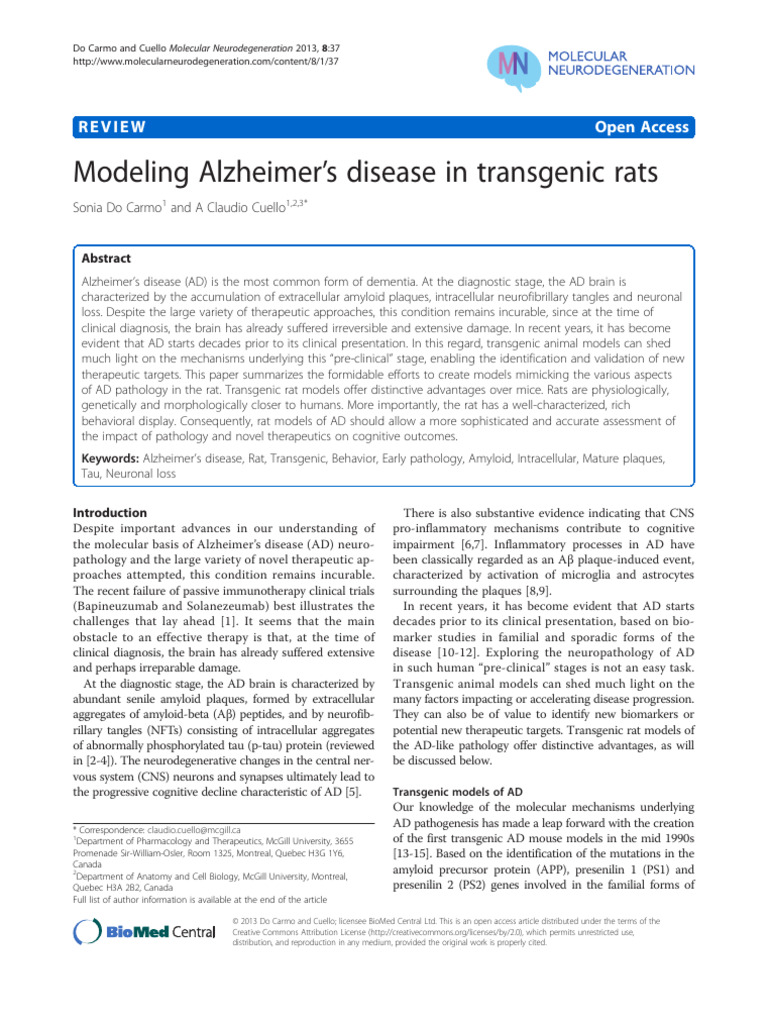 Modeling Alzheimer's Disease in Transgenic Rats | PDF | Amyloid Beta ...