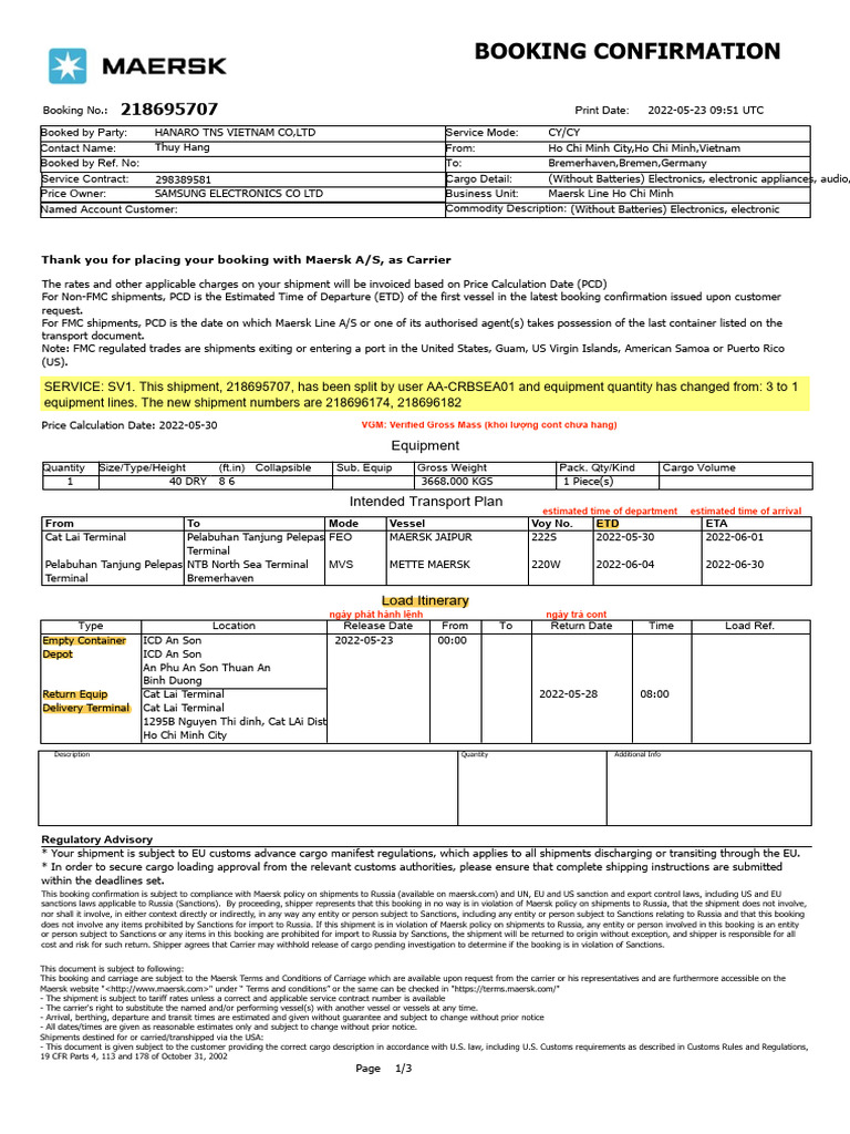 Booking Confirmation: Equipment | PDF | Common Carrier | Cargo