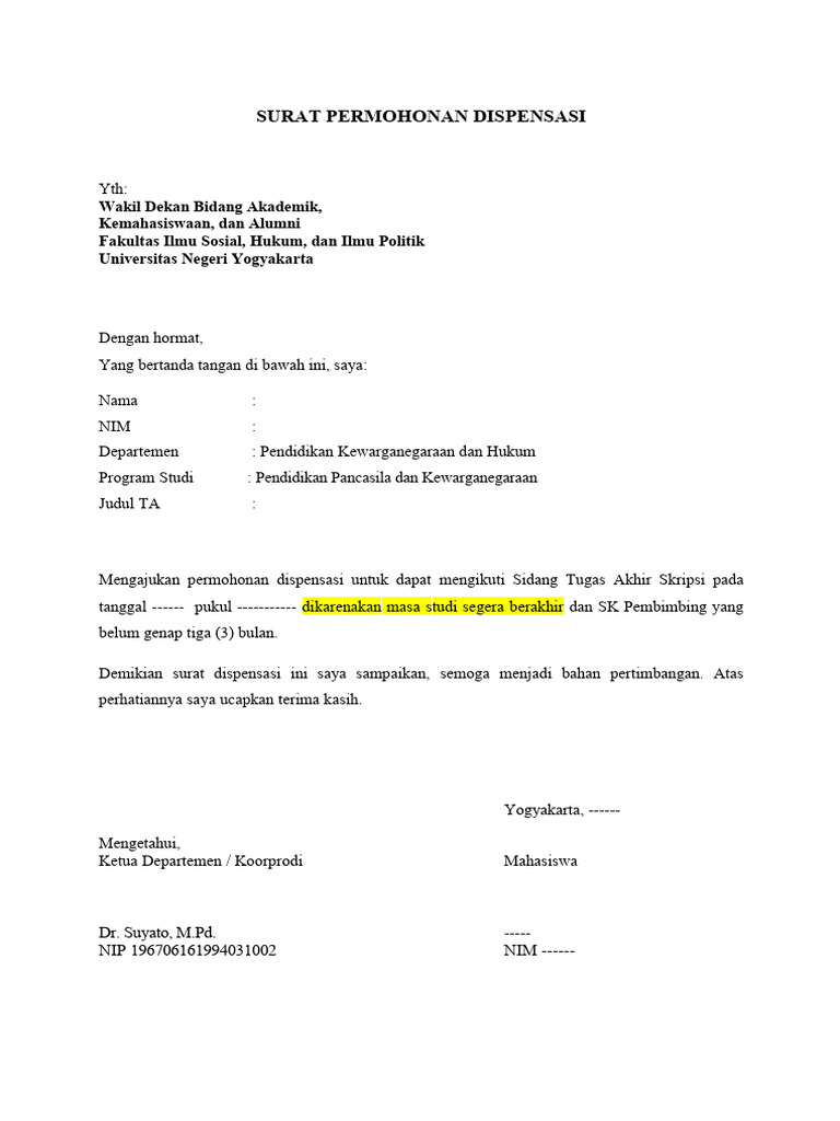 Contoh Format SURAT PERMOHONAN DISPENSASI Ujian | PDF