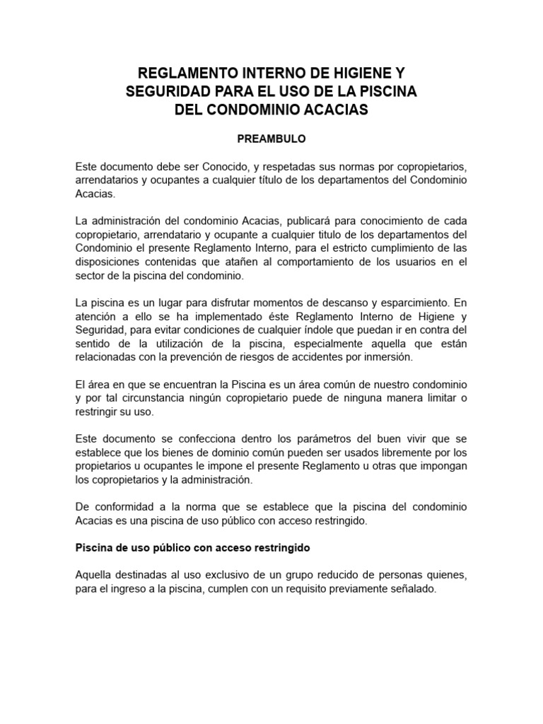 Reglamento Interno Higiene y Seguiridad para El Uso de La Piscina-1 ...