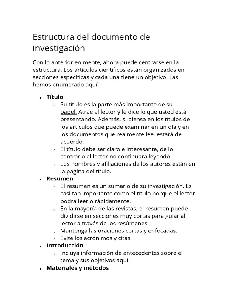 Estructura del documento de investigación | PDF | Publicación Académica