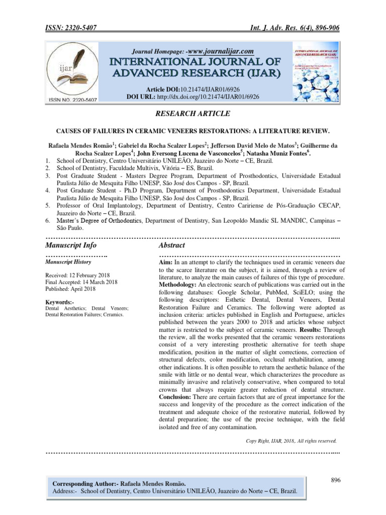 Causes of Ceramic Veneer Failures | PDF | Human Tooth | Dentistry Branches