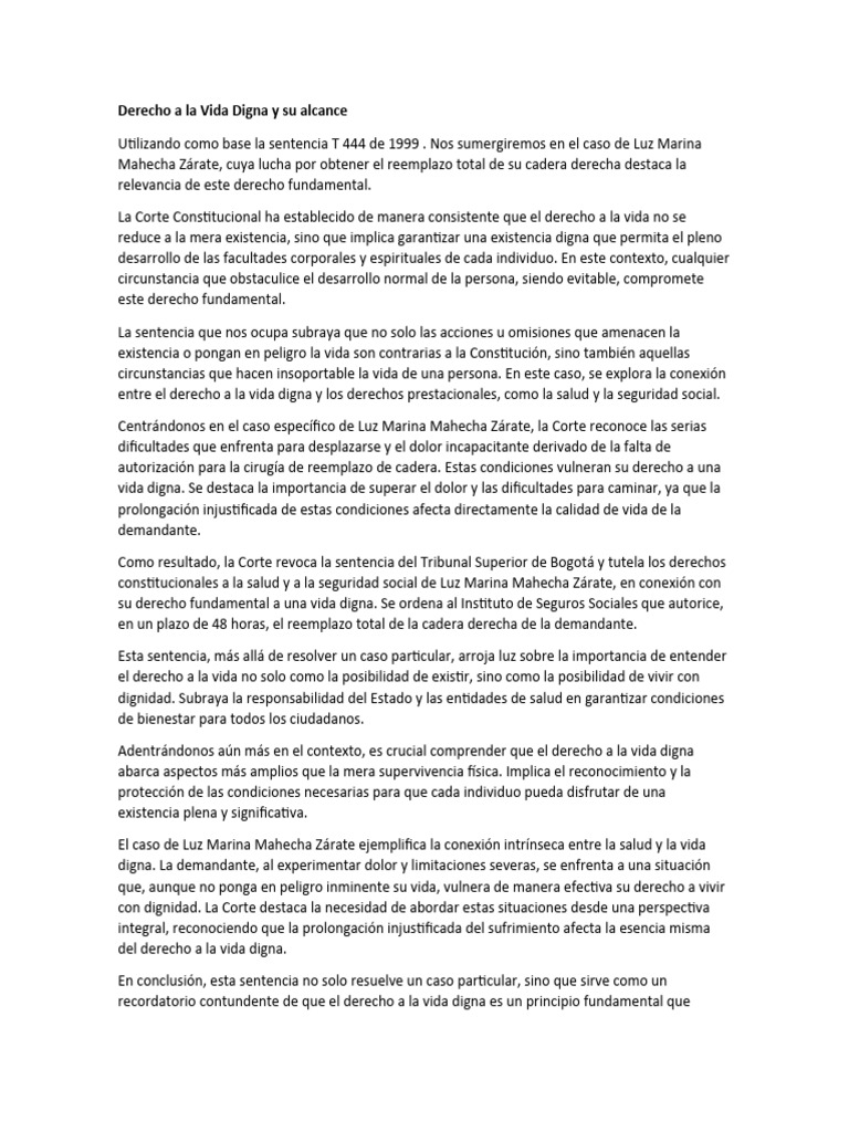Derecho a La Vida Digna y Su Alcance | PDF | Derechos humanos | Dignidad