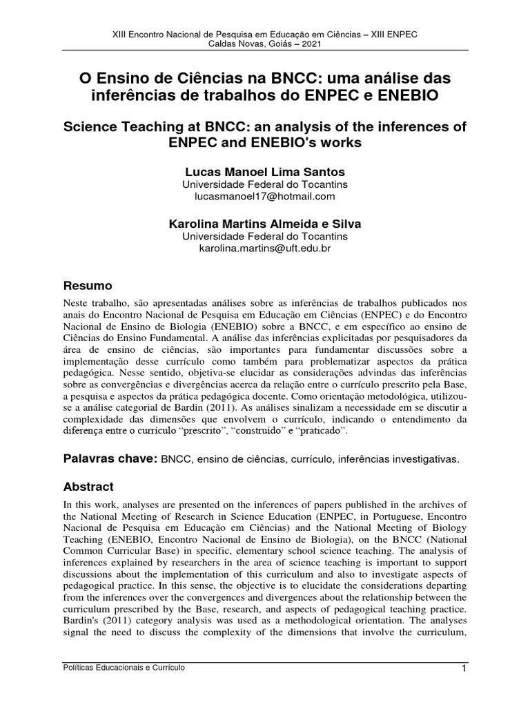 O Ensino de Ciências Na BNCC Uma Análise Das Inferências de Trabalhos Do Enpec e Enebio | PDF ...