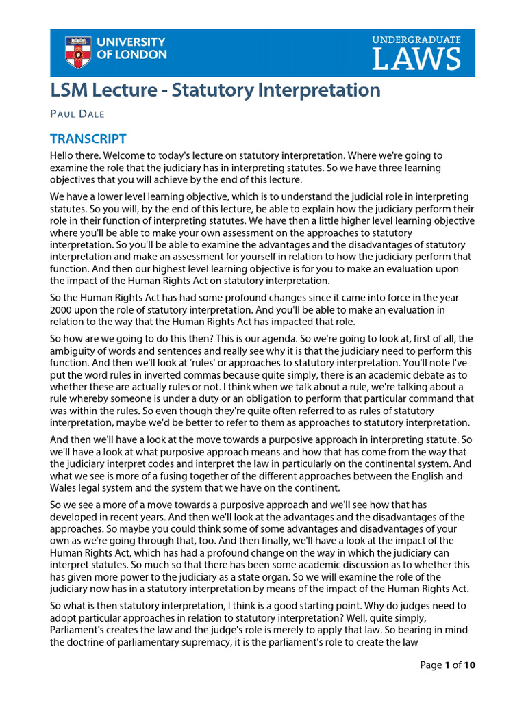 LSM 4 StatutoryInterpretation Transcript | PDF | Statutory Interpretation | Plain Meaning Rule