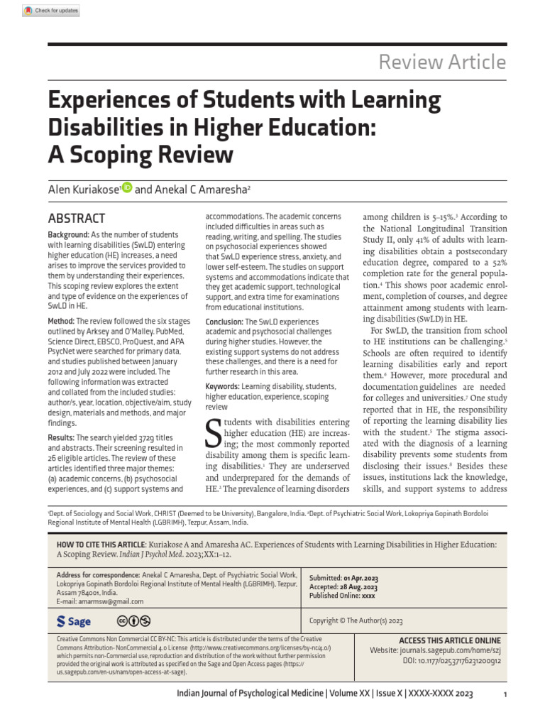 Experiences of Students with Learning Disabilities in Higher Education: A Scoping Review | PDF ...