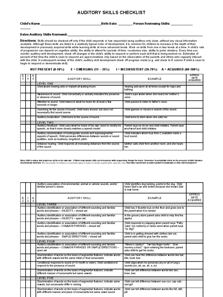 Auditory Skills Checklist 2010 | PDF