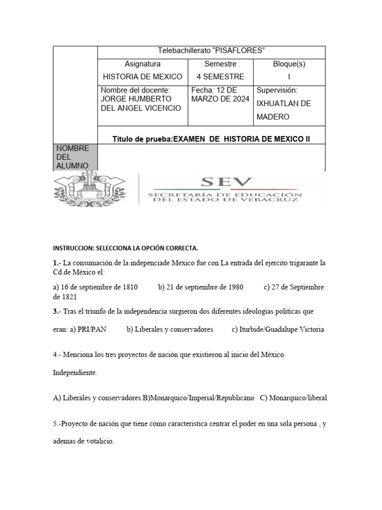 Examen de Historia de Mexico 1 Parcial 2024 | PDF