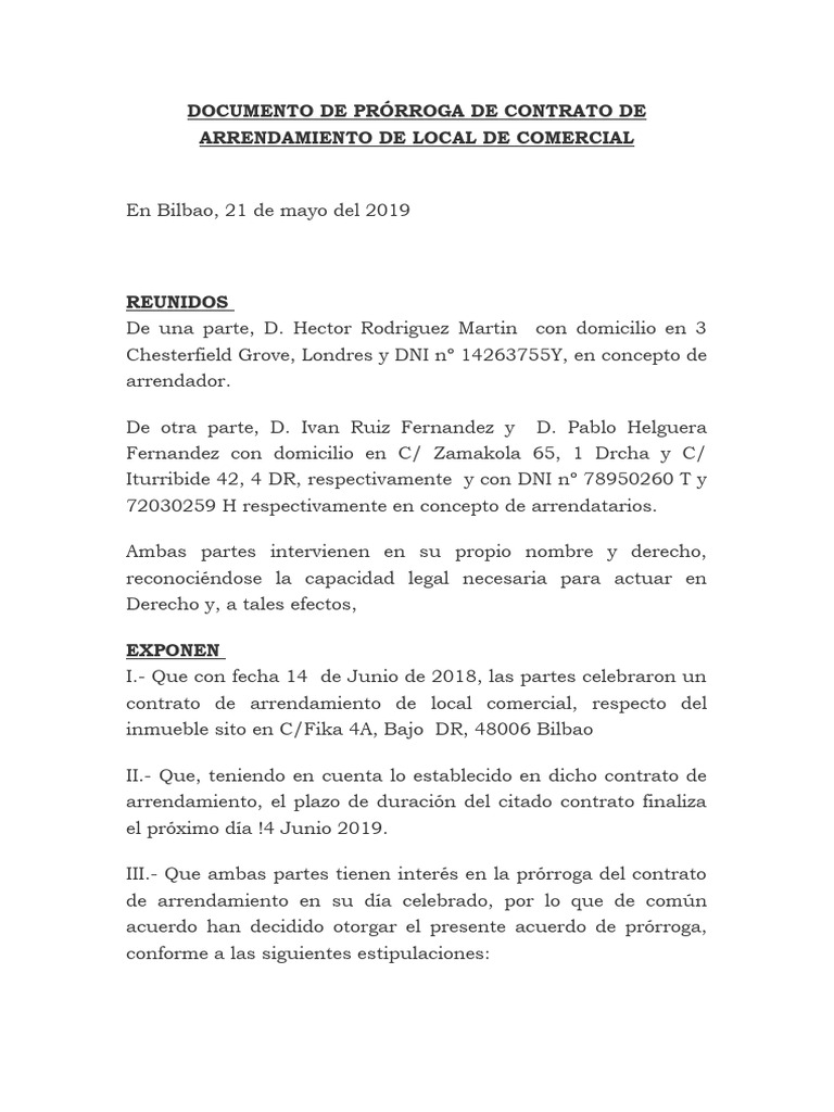 Documento de Prórroga de Contrato de Arrendamiento de Local de ...