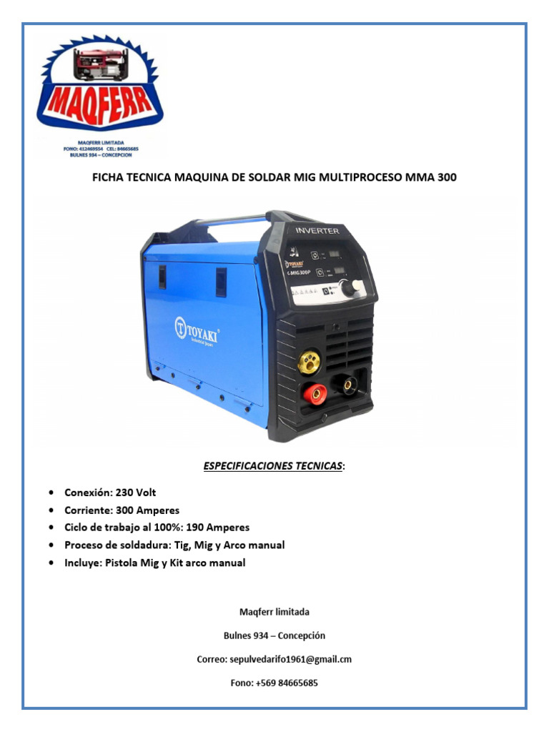 Ficha Tecnica Maquina de Soldar Mig Multiproceso Mma 300 | PDF