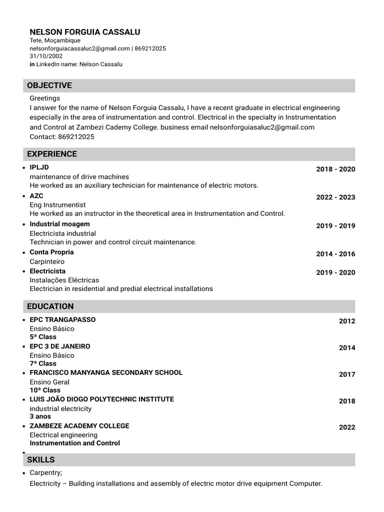 Nelson English CV | PDF | Engineering | Electrical Engineering