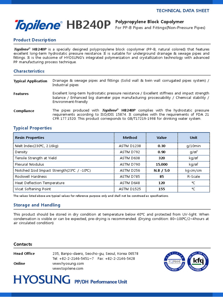Ppc-Pipe-Hyosung-Topilene HB240P | PDF | Pipe (Fluid Conveyance ...