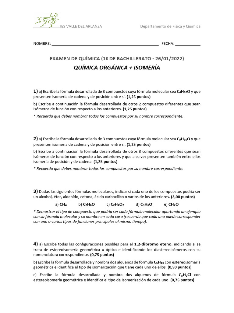 Examen FyQ 1º BACH _ 26-01-2022 | PDF | Isómero | Espacio