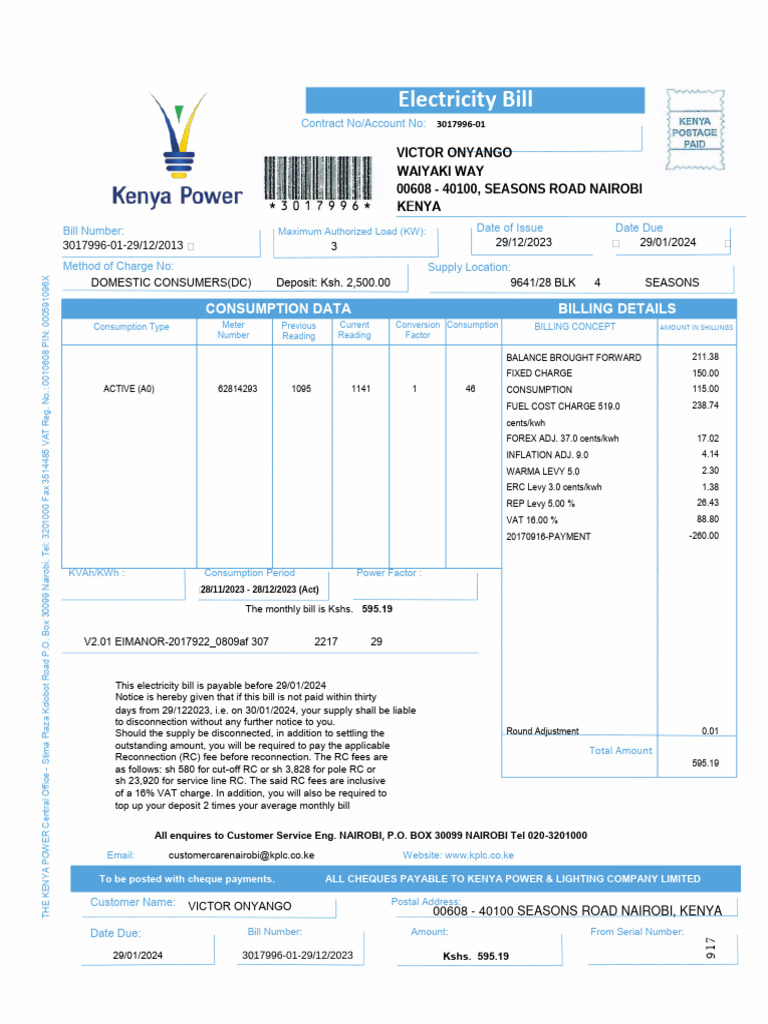 Kenya Electricity Bill Summary | PDF | Value Added Tax | Cheque