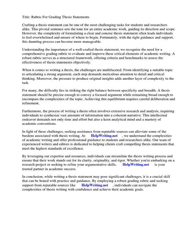 Rubric For Grading Thesis Statements | PDF | Rubric (Academic) | Thesis