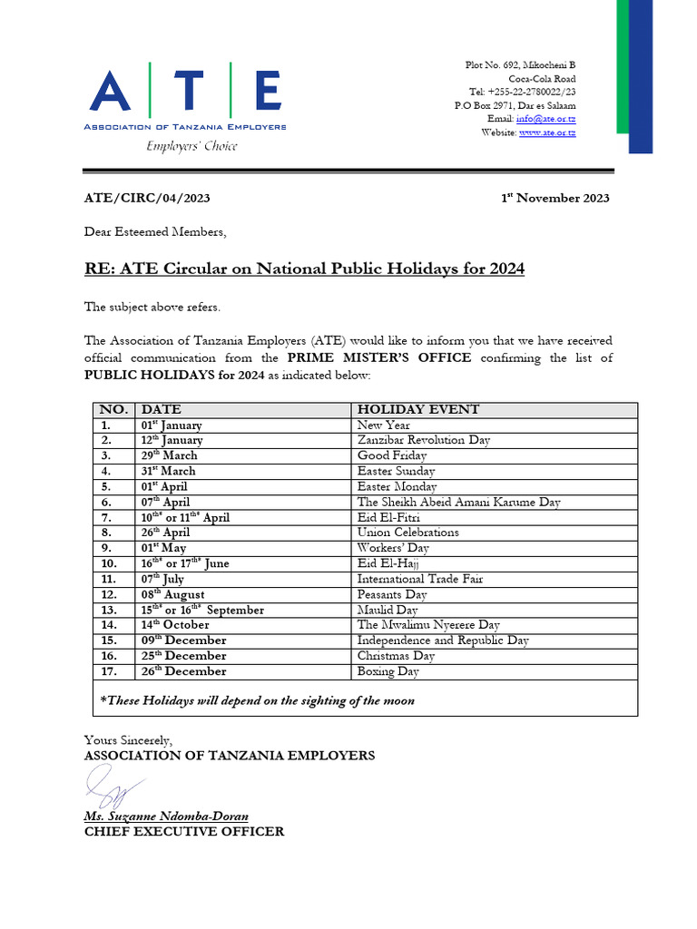 ATE-Circular-on-PUBLIC-HOLIDAYS-for-2024 | PDF