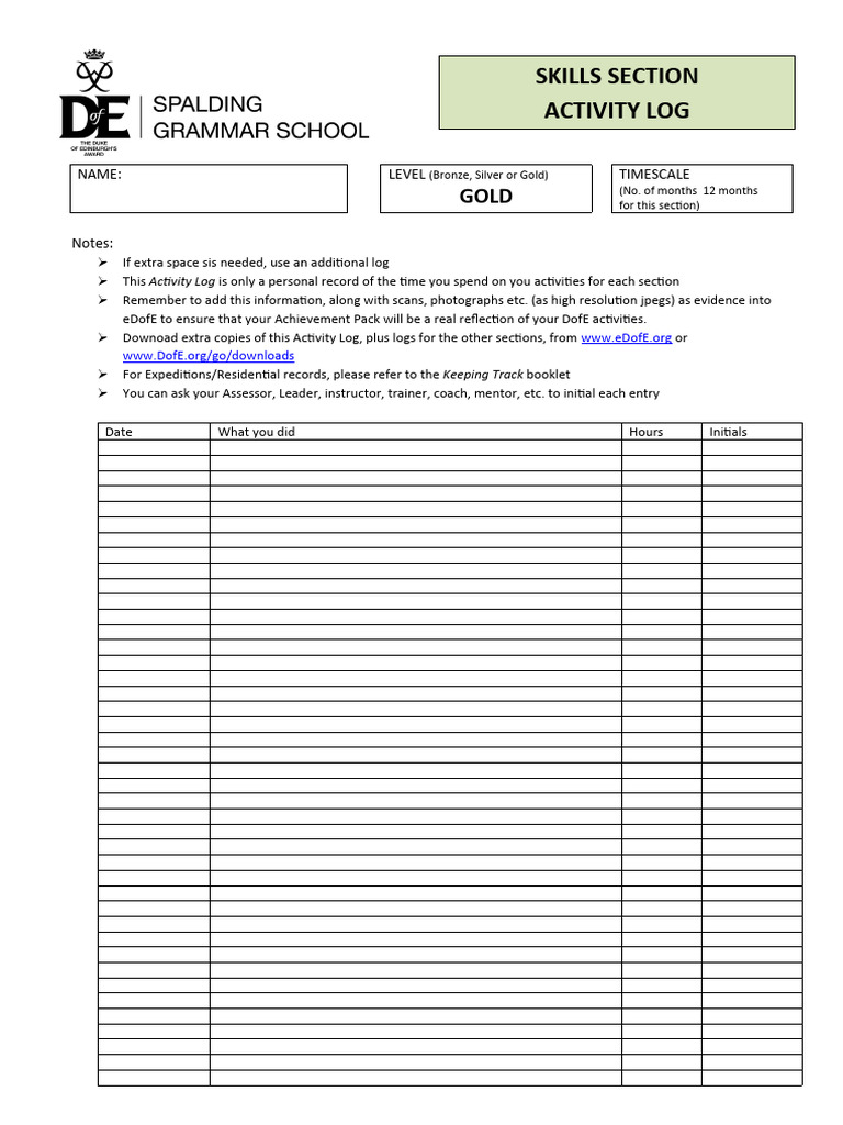 Gold DofE Skills Activity Log | PDF