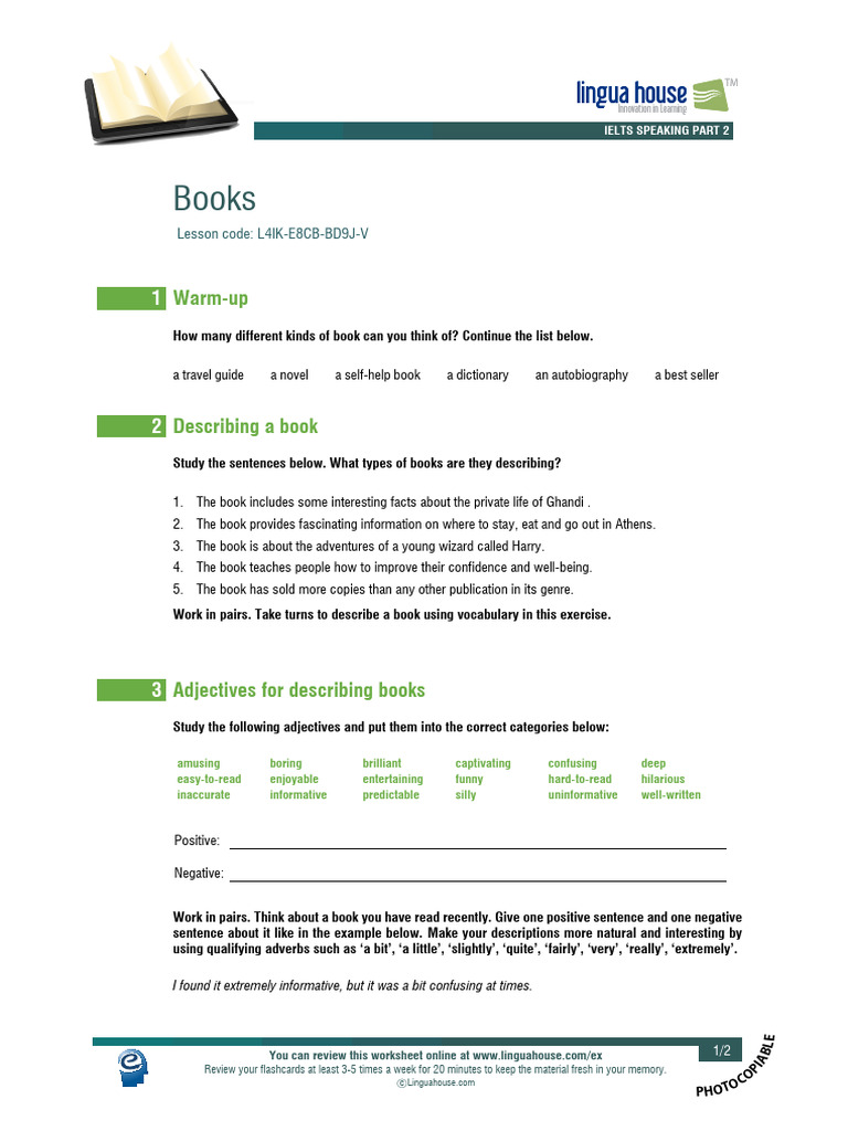 Describing A Book (IELTS Speaking Part 2) | PDF | Books | Flashcard