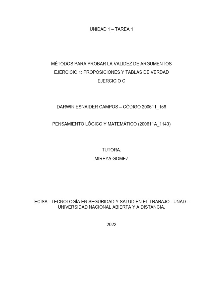 trabajo pensamiento logico unidad 1. tarea 1. ejercicio c | PDF | Proposición | Verdad