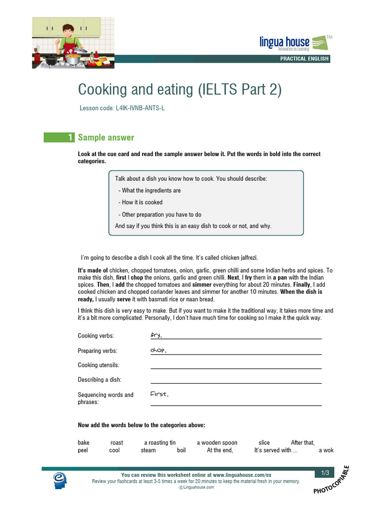 Cooking and Eating (IELTS Speaking Part 2) | PDF | Flashcard | Foods