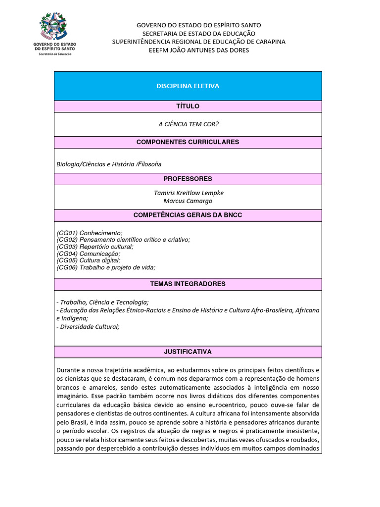 Ementa Da Eletiva - A Ciência Tem Cor | PDF | Science | Sociedade