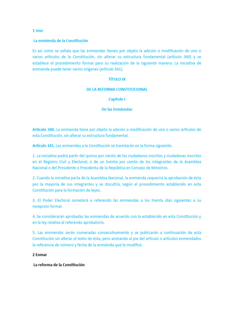 Enmiendas y Reformas Constitucionales | PDF | Constitución | Enmienda ...