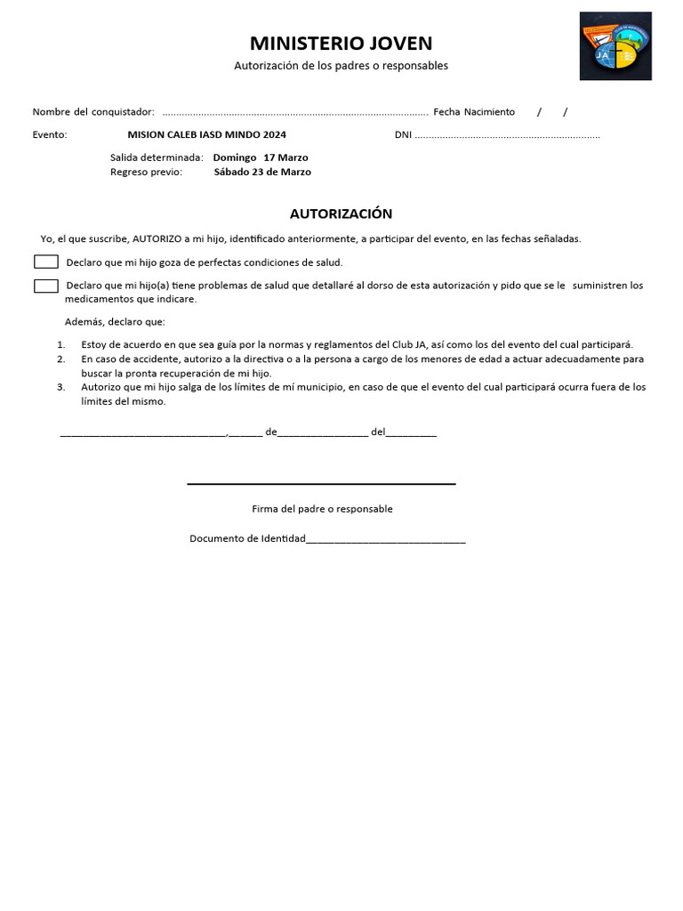 Documento de permiso de Caleb | PDF