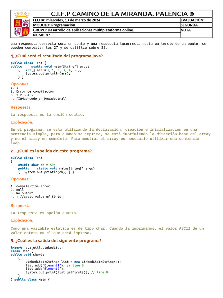 Examen Camino de La Miranda Programación Segunda Eval | PDF | Java ...