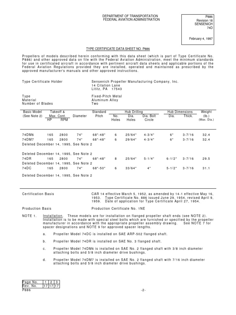Sensenich 74DM Propeller Data Sheet | PDF | Propeller | Screw